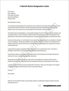 1-Month Notice Resignation Letter Template (Editable)