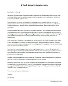 1-Week Notice Resignation Letter Template (Editable)