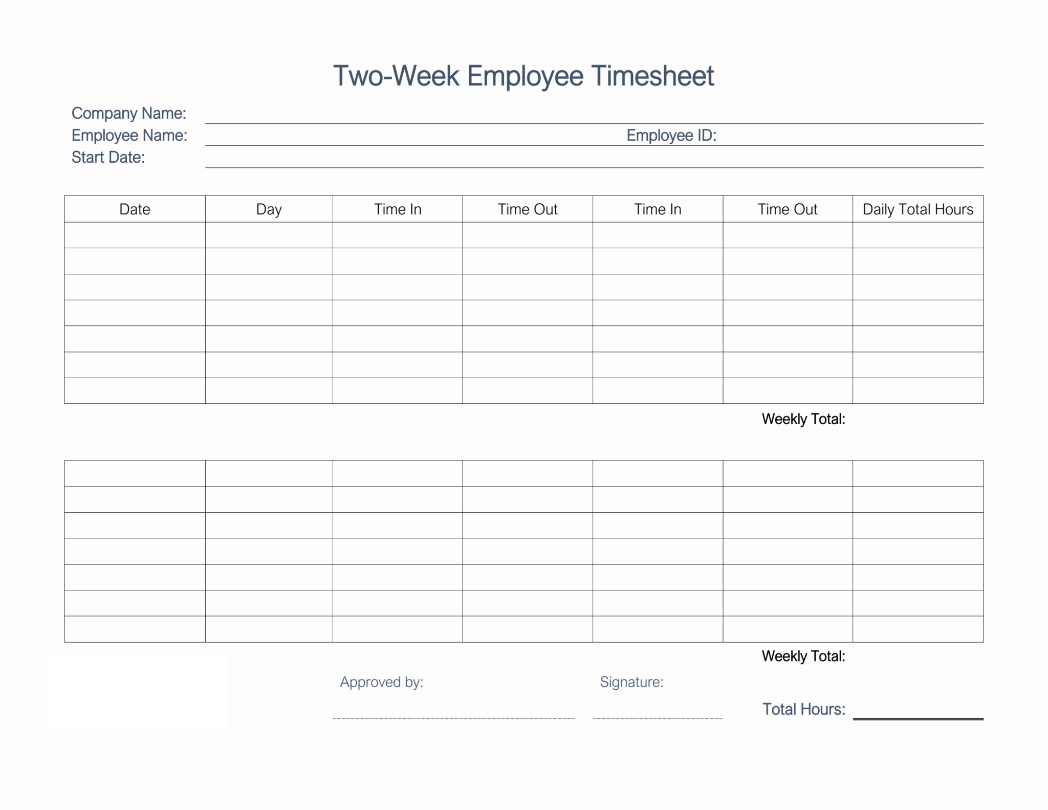 Printable 2-Week Timesheet Template