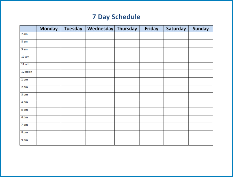 Free Printable 7 Day Schedule Template