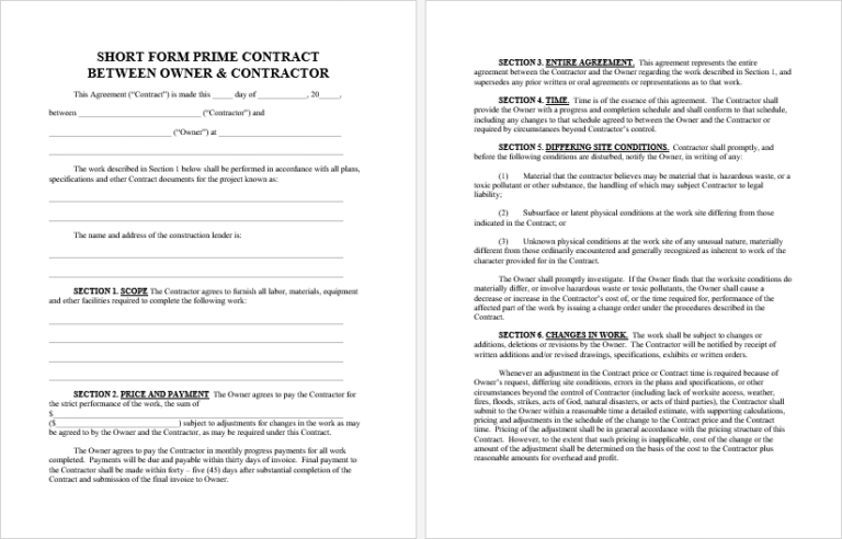 Agreement Between Owner And Contractor Template