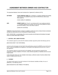Agreement Between Owner And Contractor Template