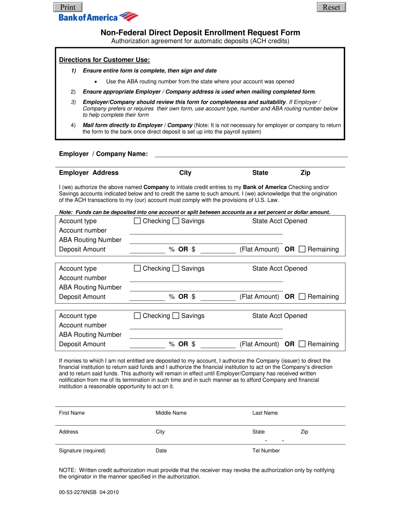 Bank Direct Deposit Form