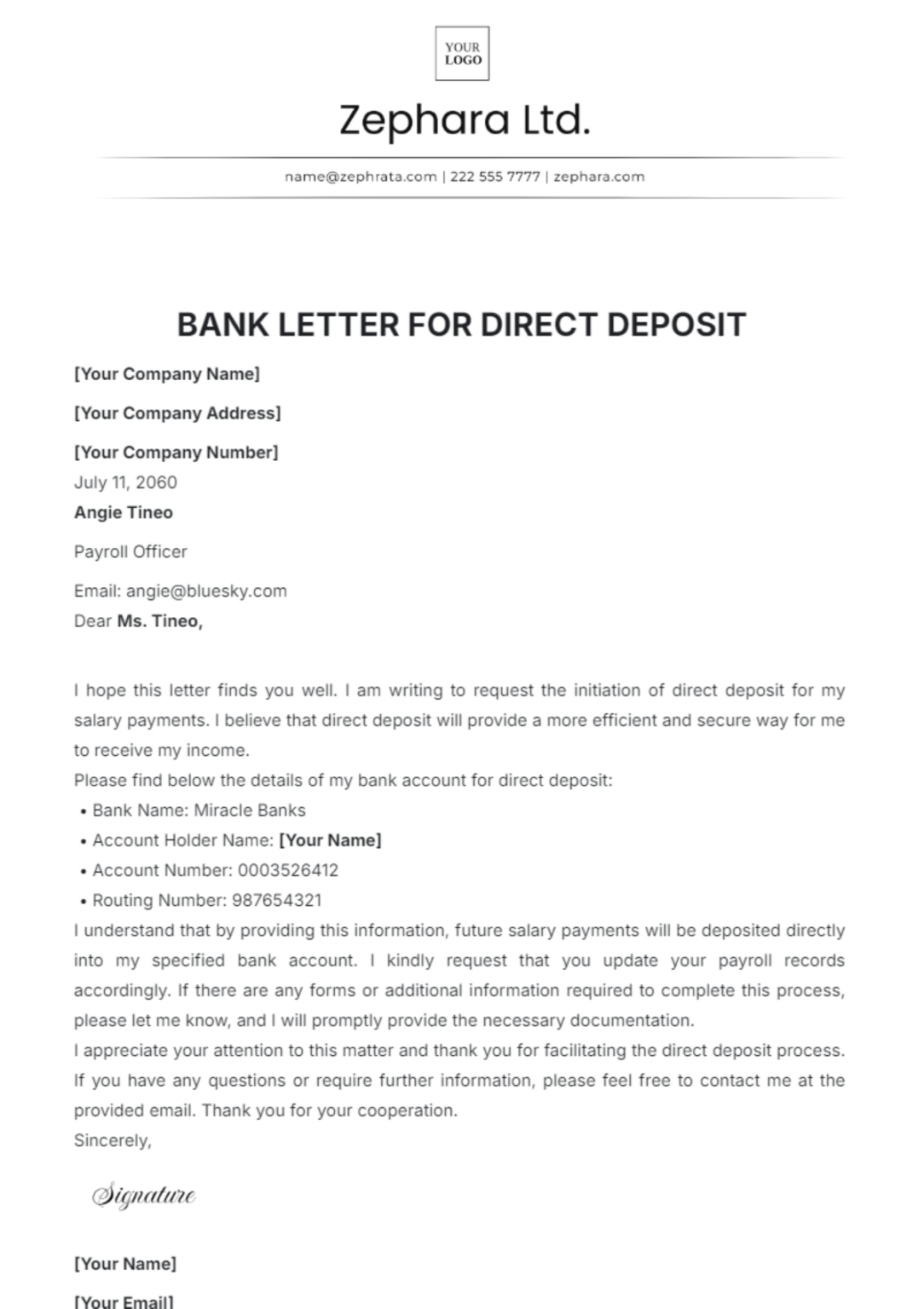 Bank Letter For Direct Deposit