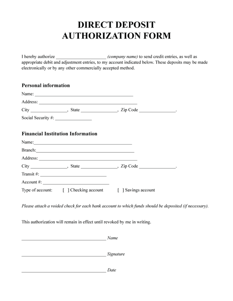 Printable Blank Direct Deposit Form