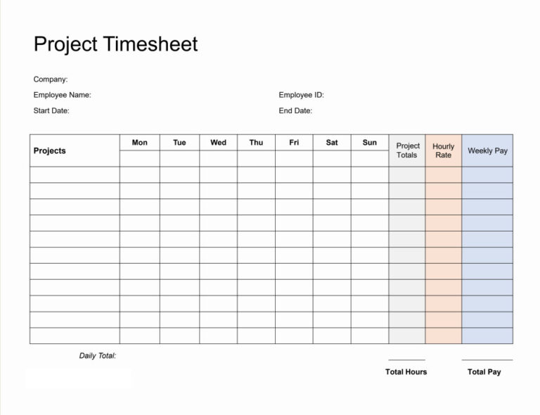 Free Printable Timesheet Template By Project