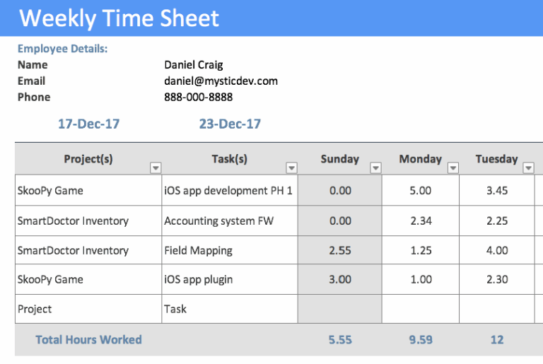 Printable Timesheet Template With Tasks