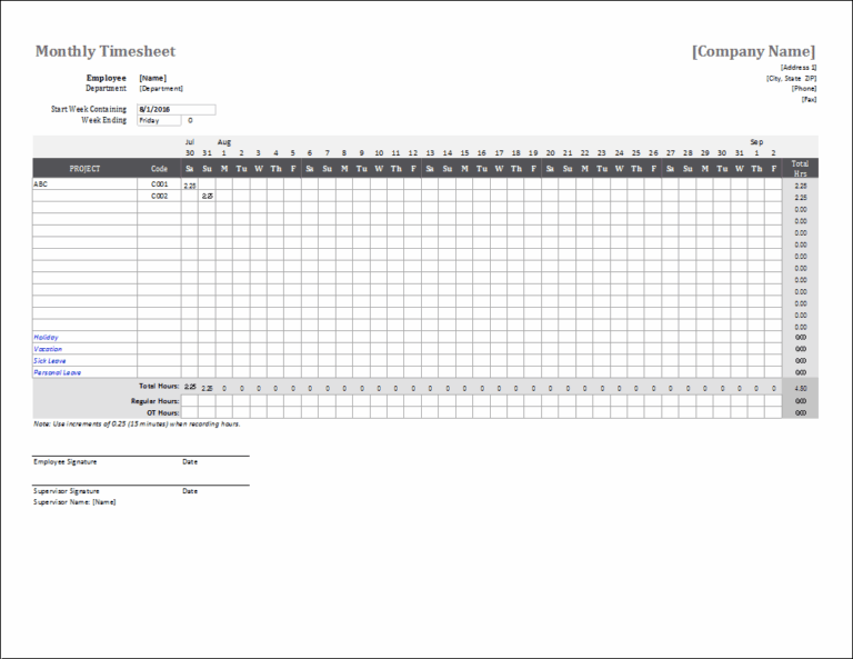 Printable Timesheet Template With Tasks