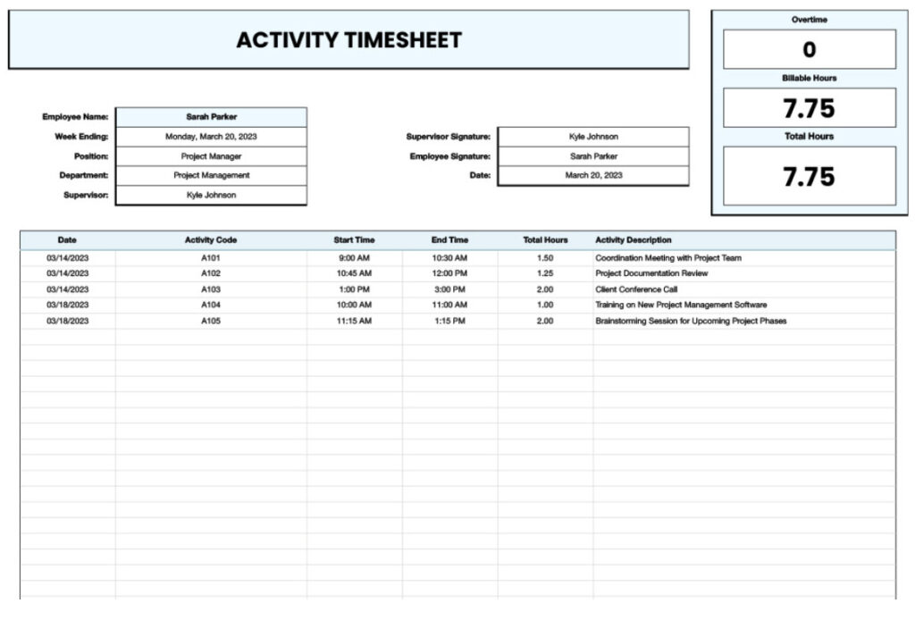 Printable Timesheet Template With Tasks