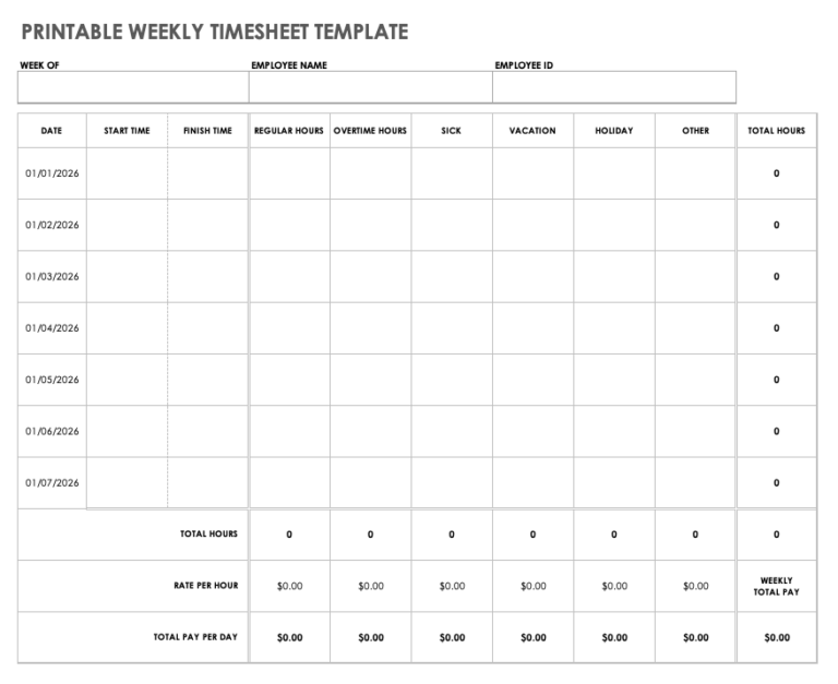 Free Printable Weekly Timesheet Template