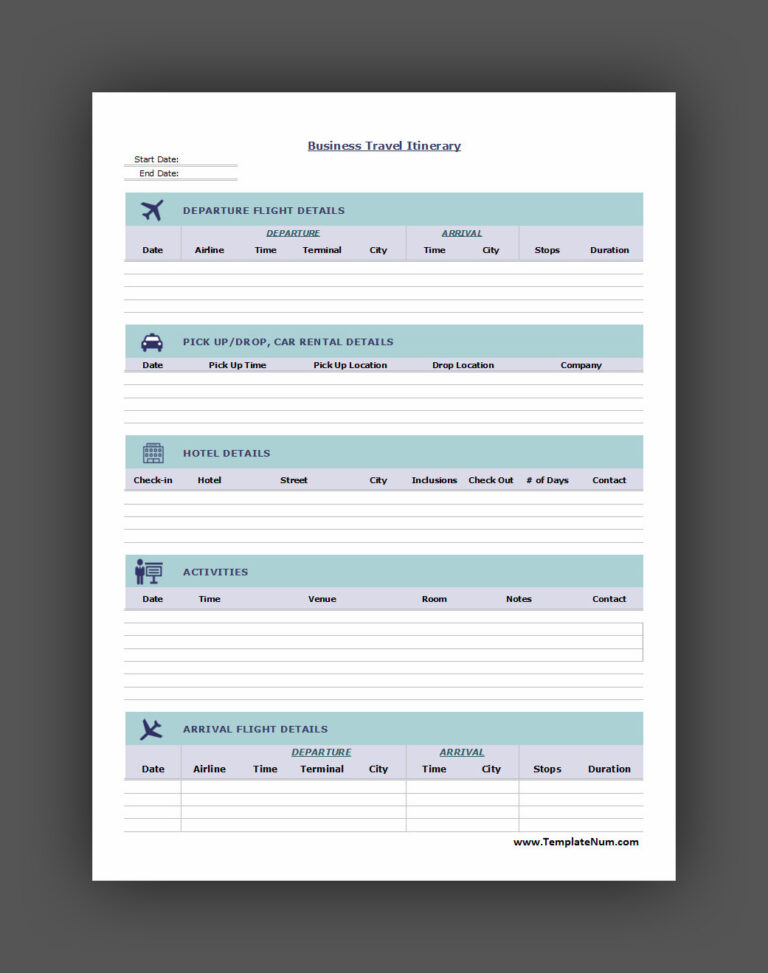 Free Printable Business Travel Itinerary Template