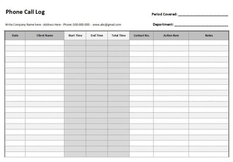 Printable Call Log Template