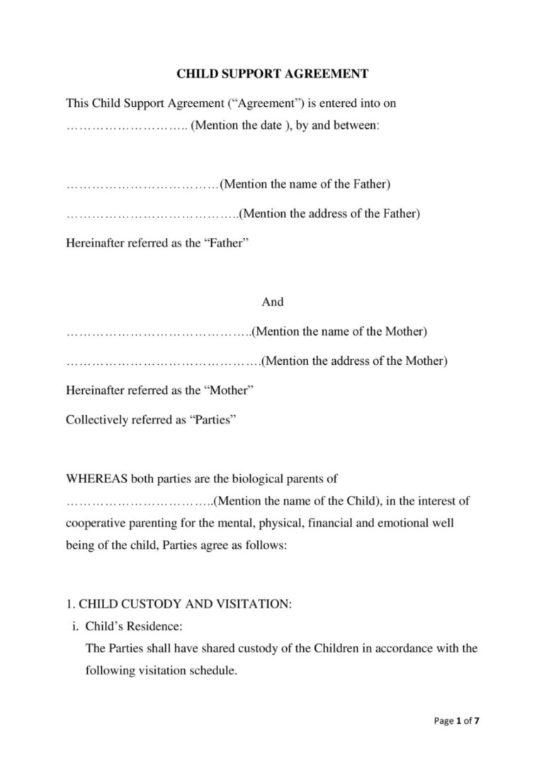 Child Support Agreement Template (Word)