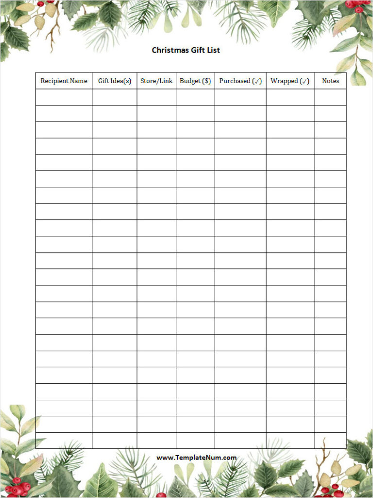 Free Printable Christmas Gift List Template