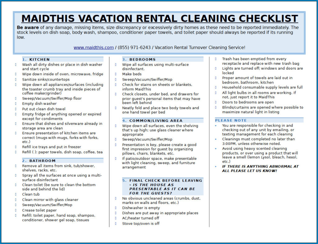Cleaning Checklist Template For Vacation Rental