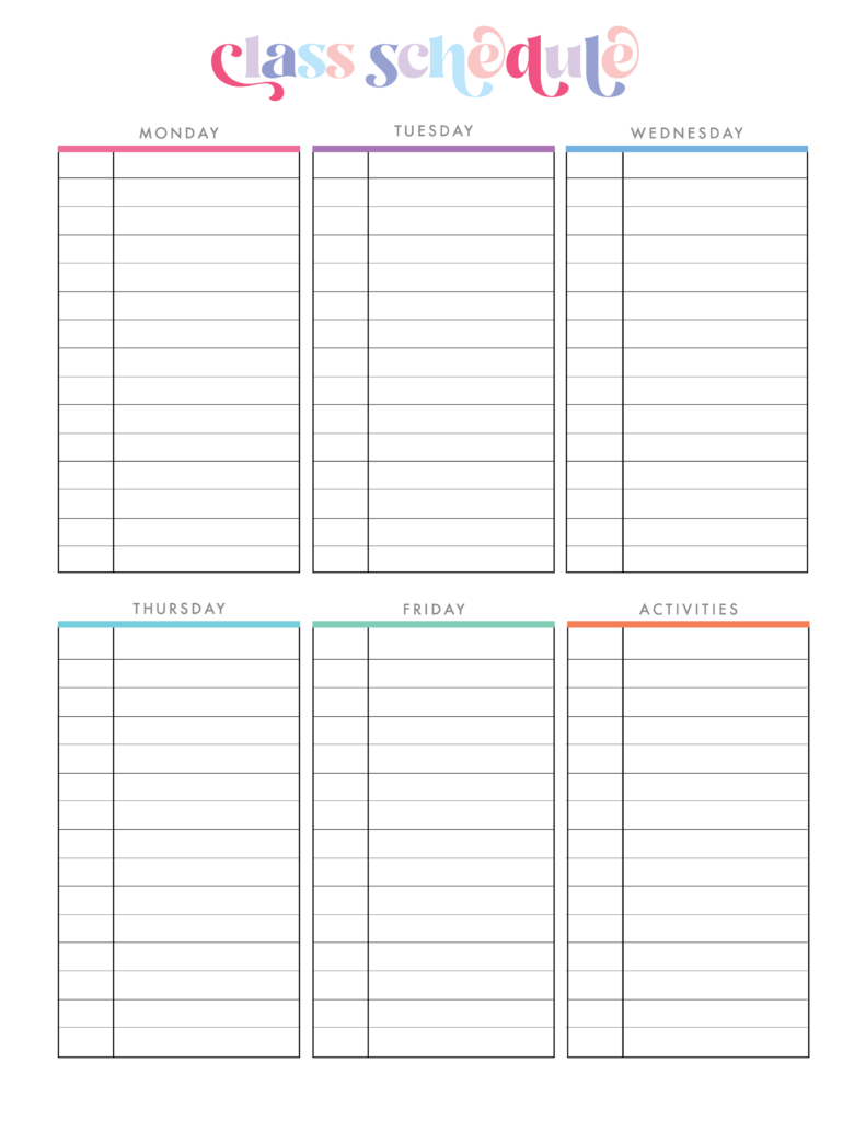 Printable College Schedule Template