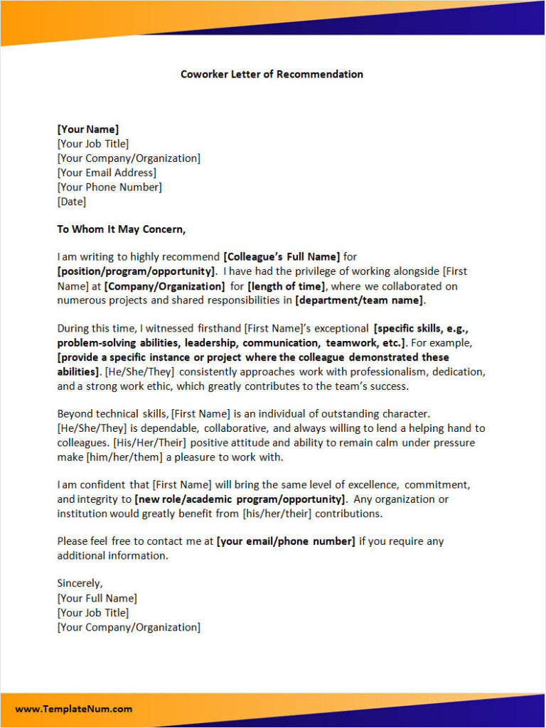 Coworker Letter of Recommendation Template