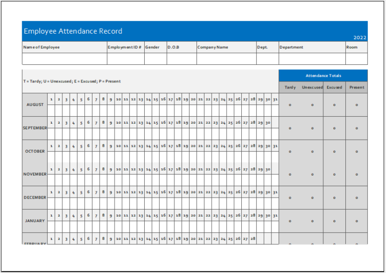 Employee Attendance Record Sheet Template