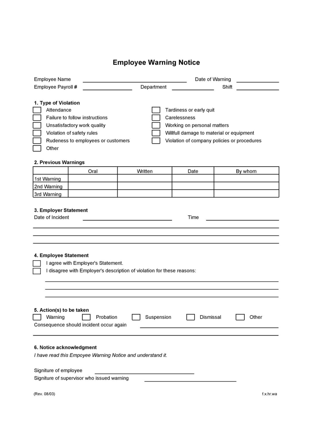 Printable Employee Warning Notice Template