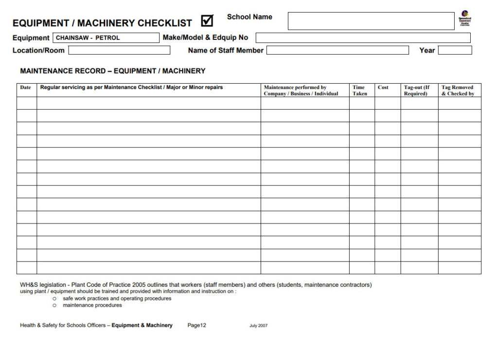 Printable Equipment Checklist Template