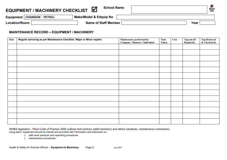 Printable Equipment Checklist Template