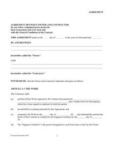 Agreement Between Owner And Contractor Template