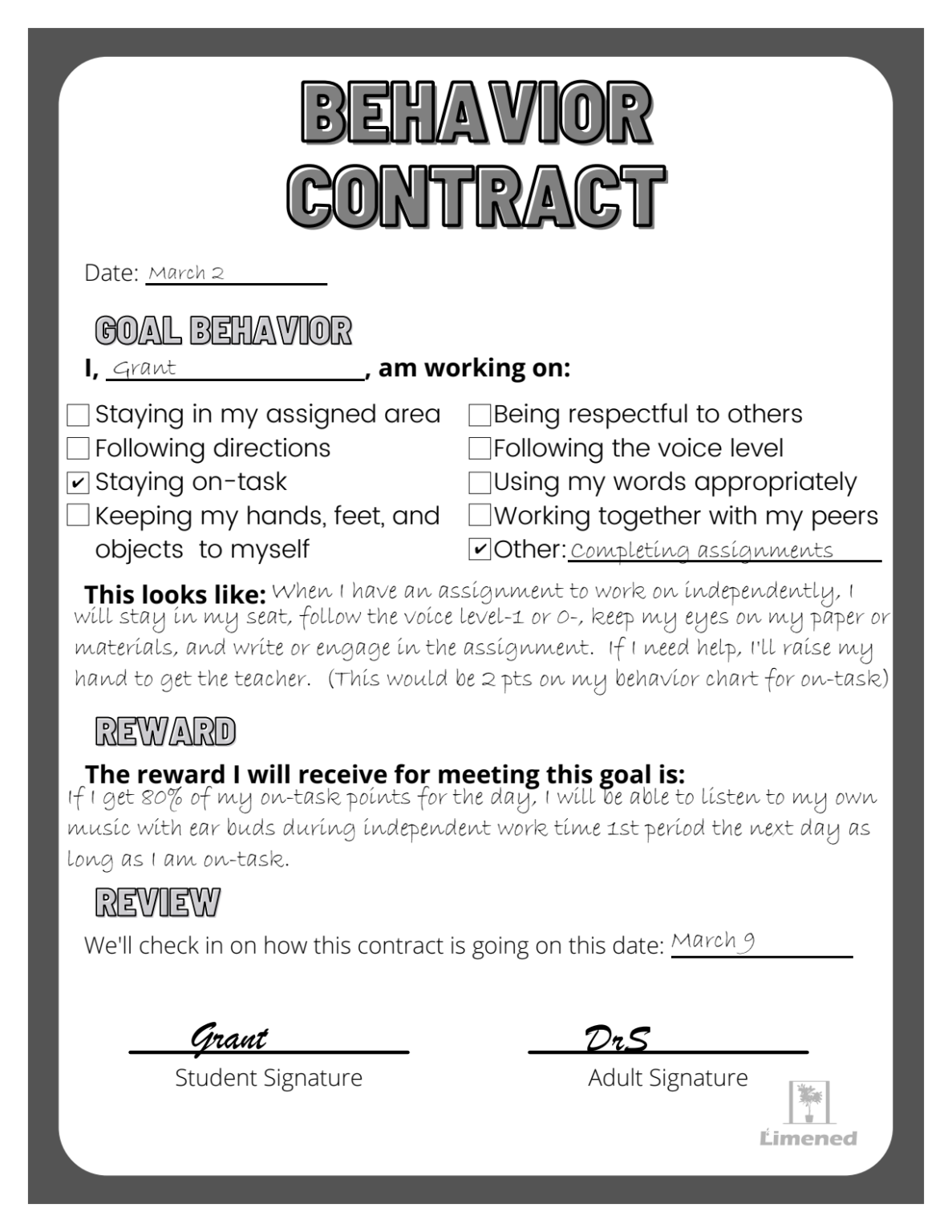 Printable Behavior Contract For Teenager
