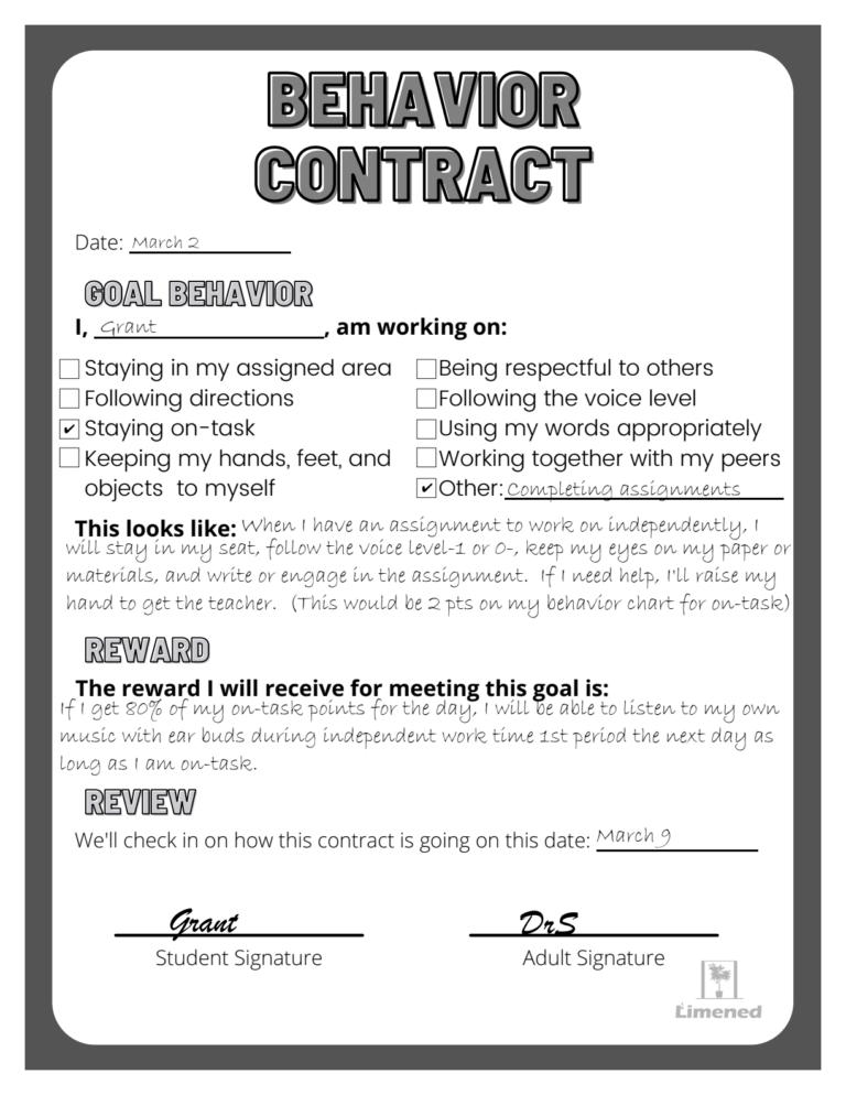 Printable Behavior Contract For Teenager