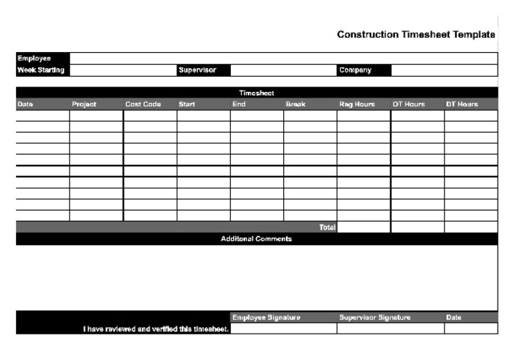 Printable Construction Timesheet Template