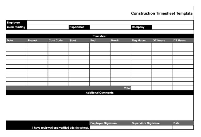 Printable Construction Timesheet Template