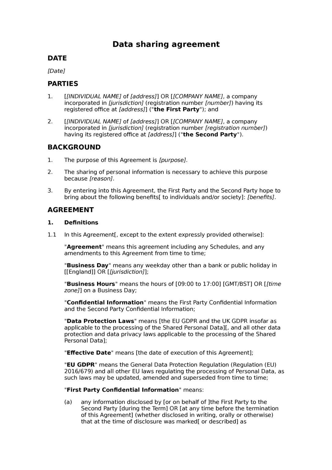 Data Sharing Agreement Template Word