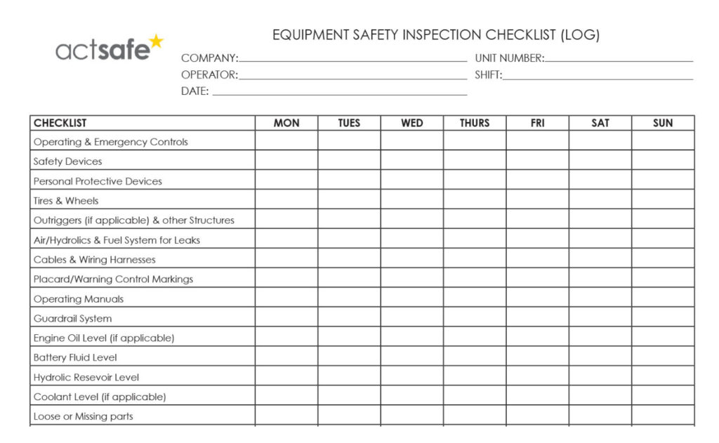 Printable Equipment Checklist Template