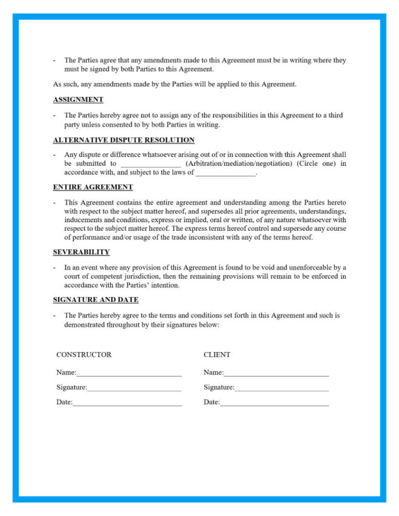 Printable Construction Agreement Template
