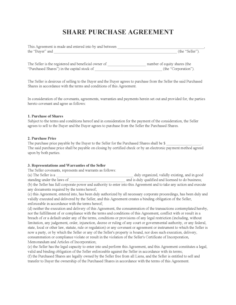 Printable Share Purchase Agreement Template