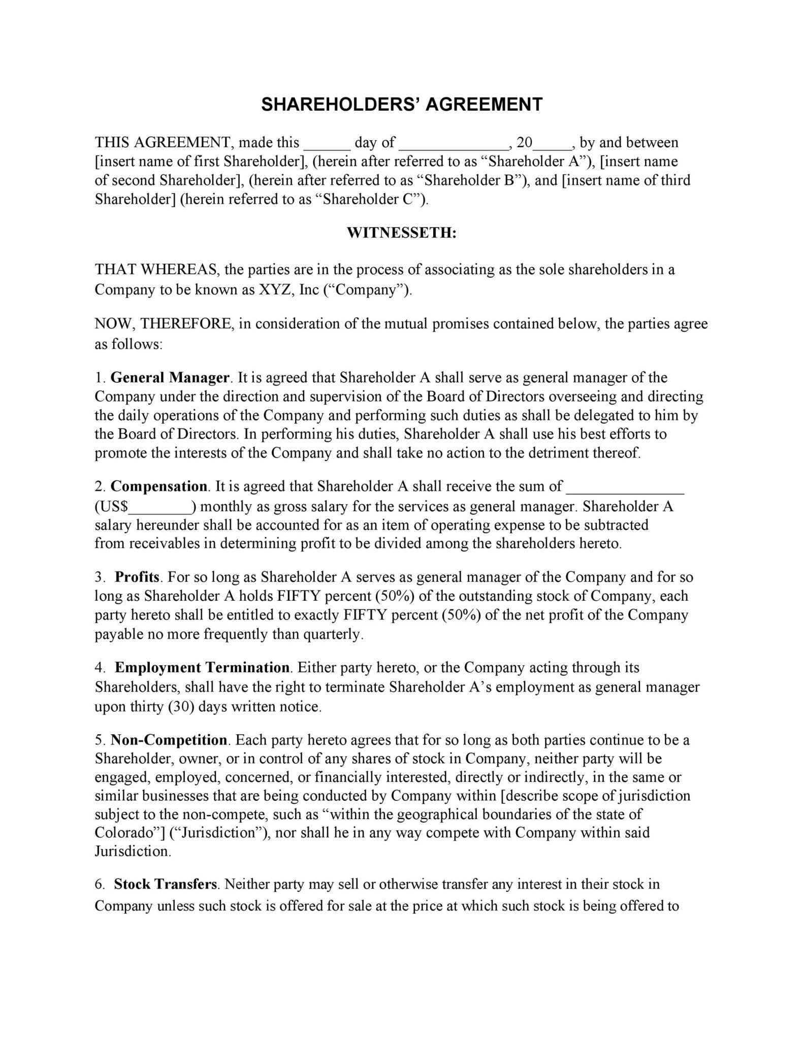Printable Shareholders Agreement Template