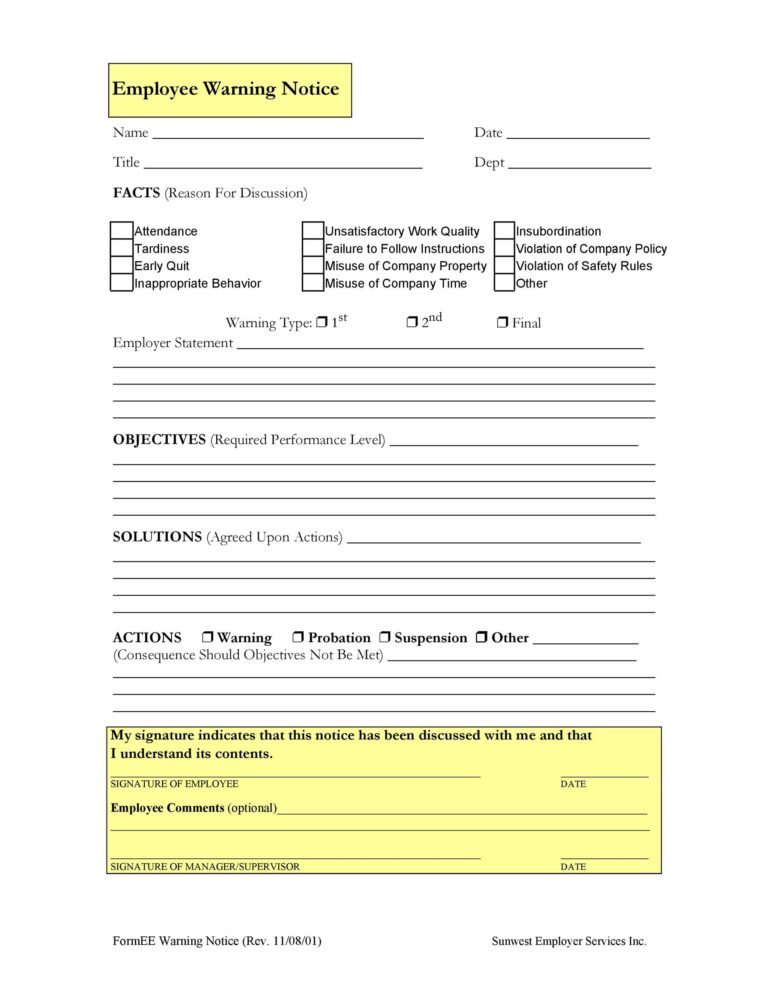 Printable Employee Warning Notice Template