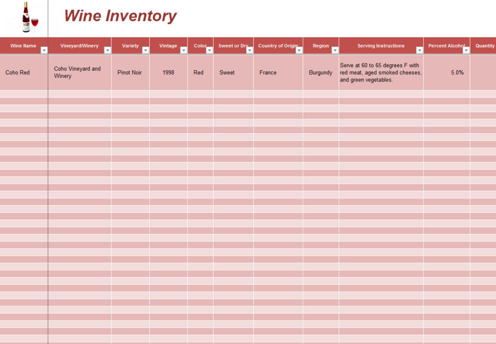 Wine Collection Inventory Template