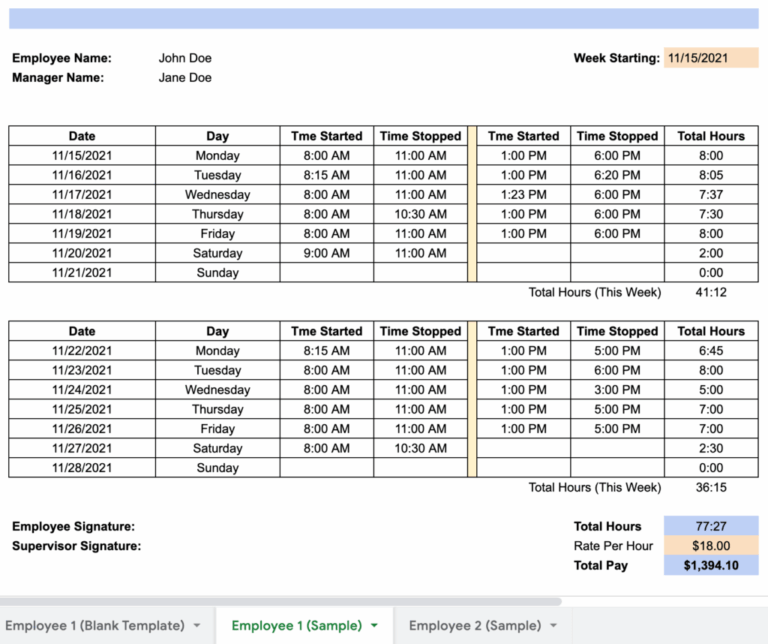 Exempt Employee Timesheet Template