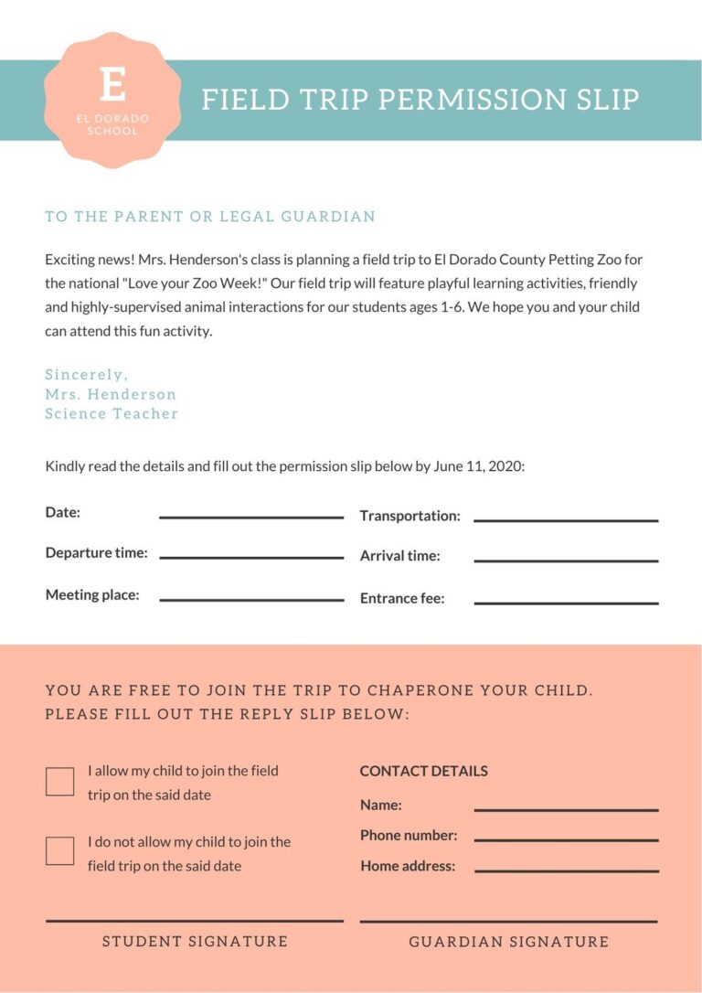 Printable Field Trip Permission Slip Template