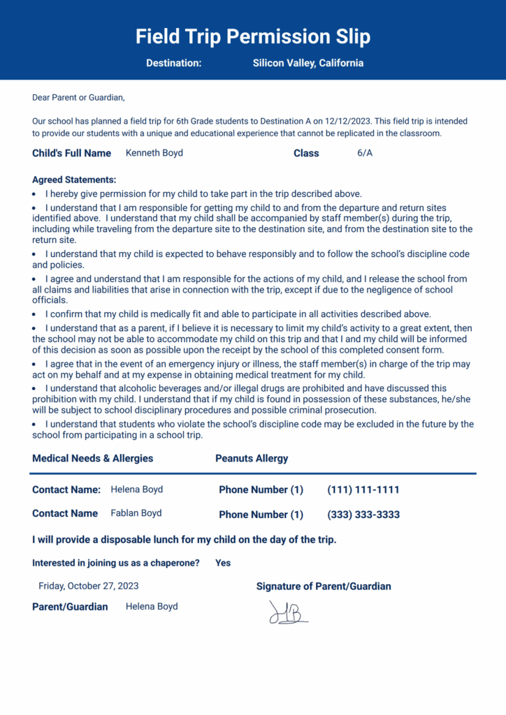 Printable Field Trip Permission Slip Template