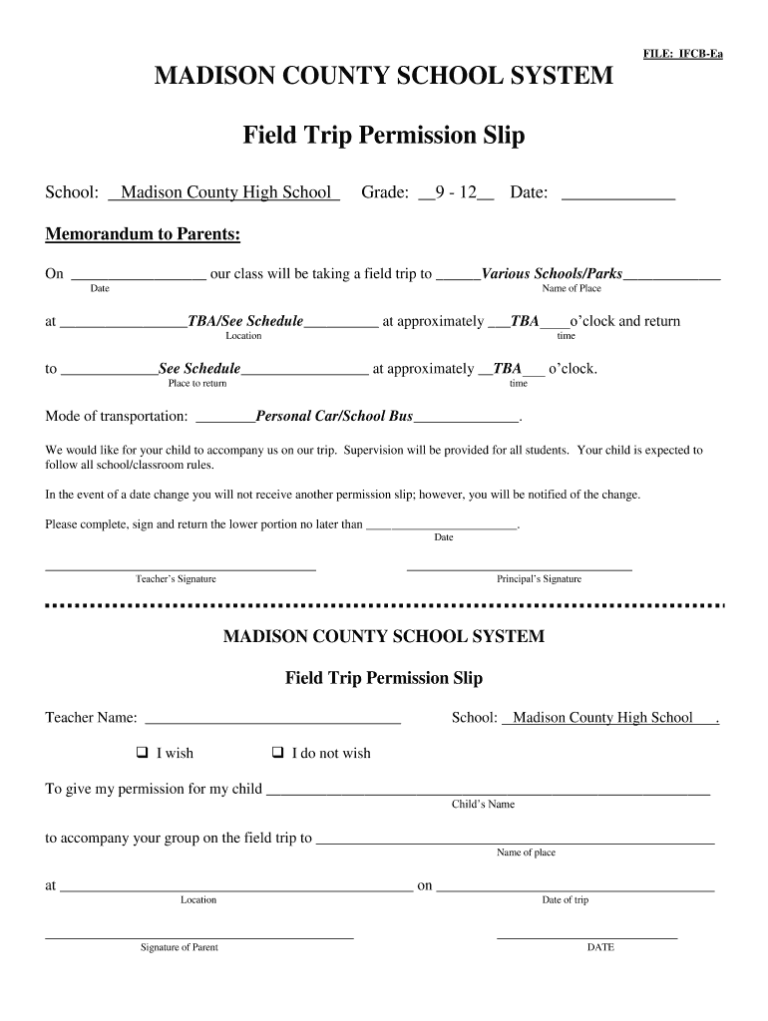 Printable Field Trip Permission Slip Template