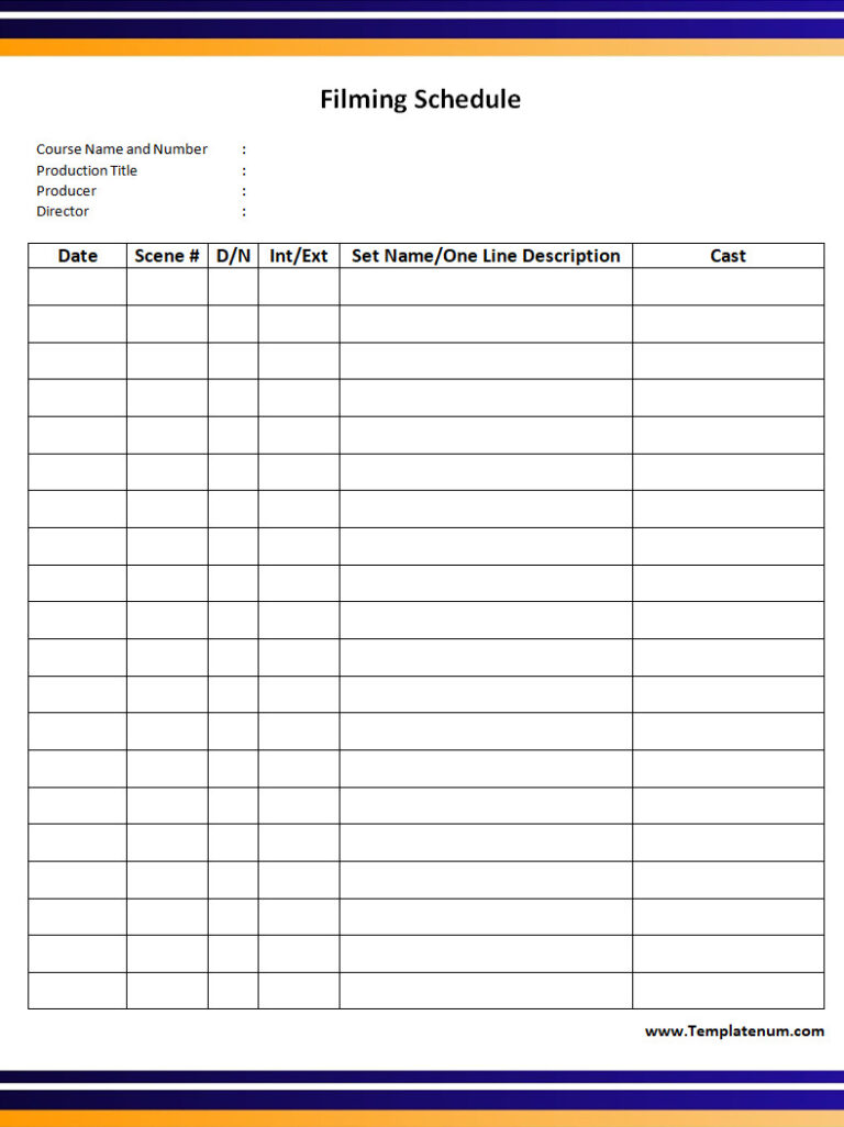 Free Printable Filming Schedule Template