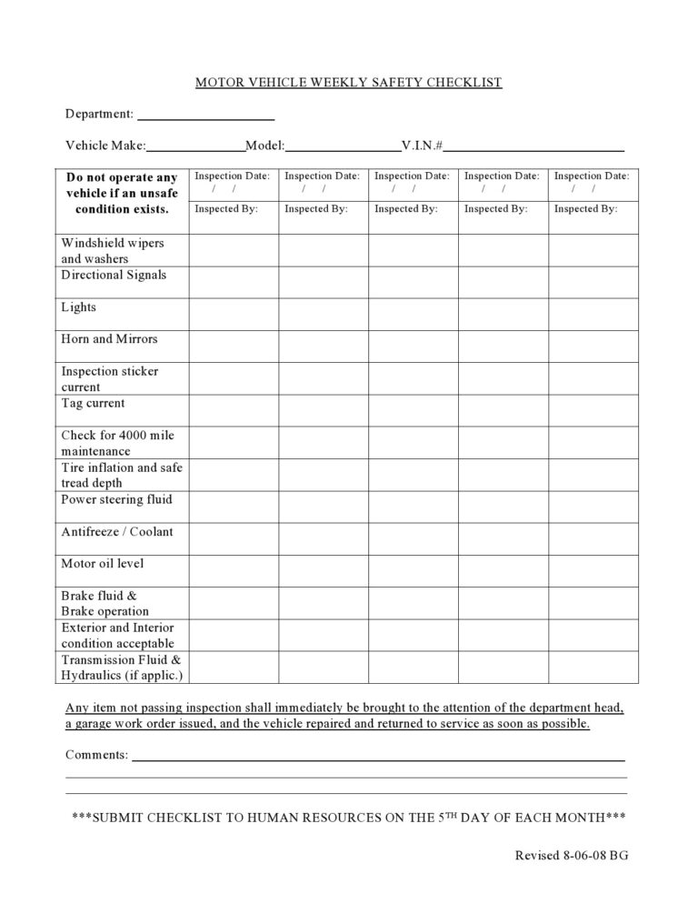 Printable Fleet Vehicle Checklist Template