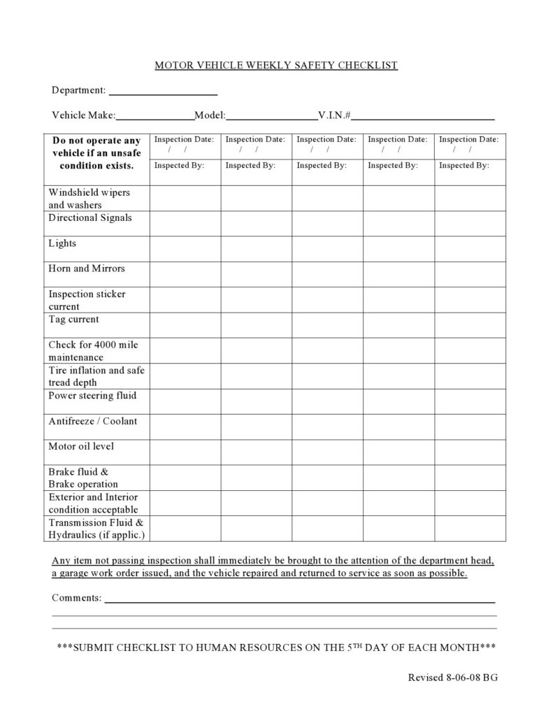 Printable Fleet Vehicle Checklist Template