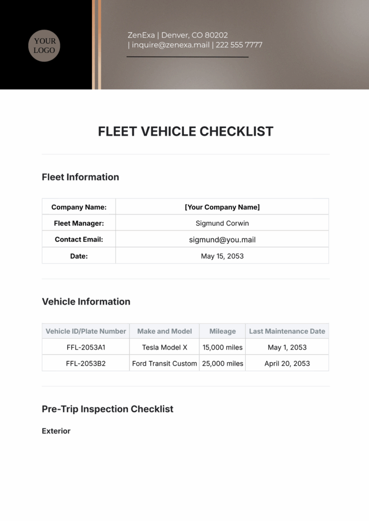 Printable Fleet Vehicle Checklist Template