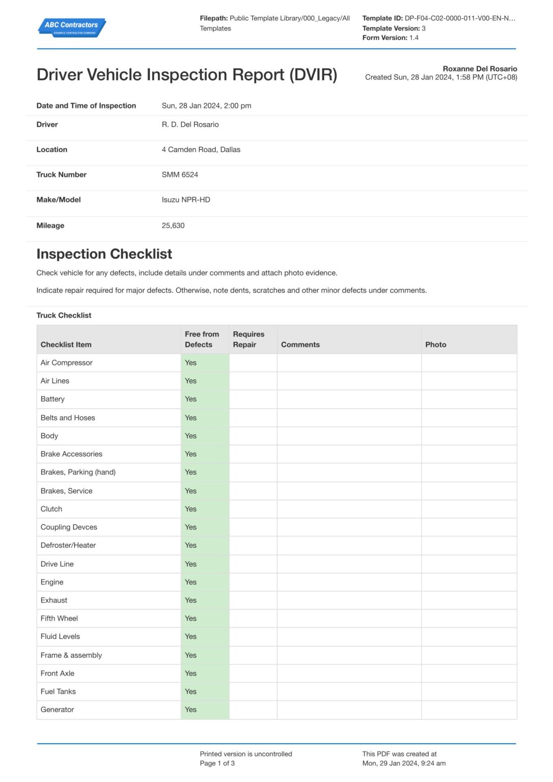 Printable Fleet Vehicle Checklist Template