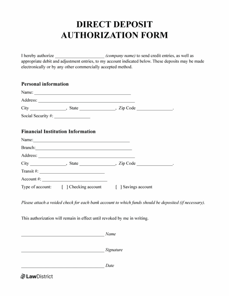 Printable Generic Direct Deposit Form