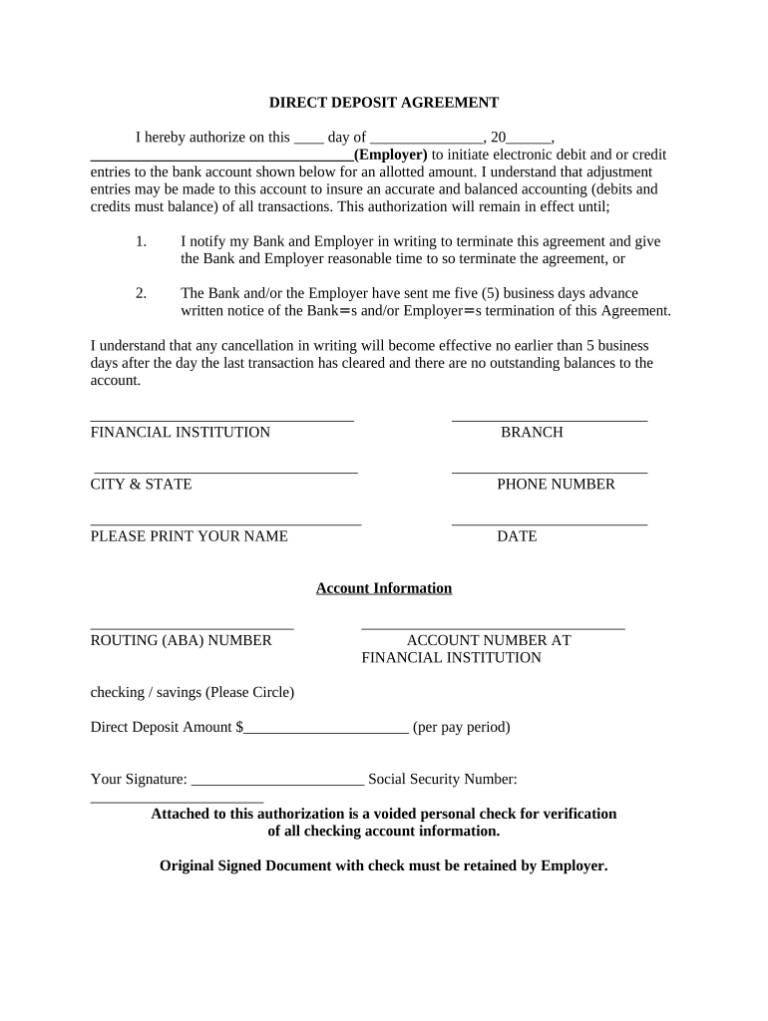 Printable Generic Direct Deposit Form