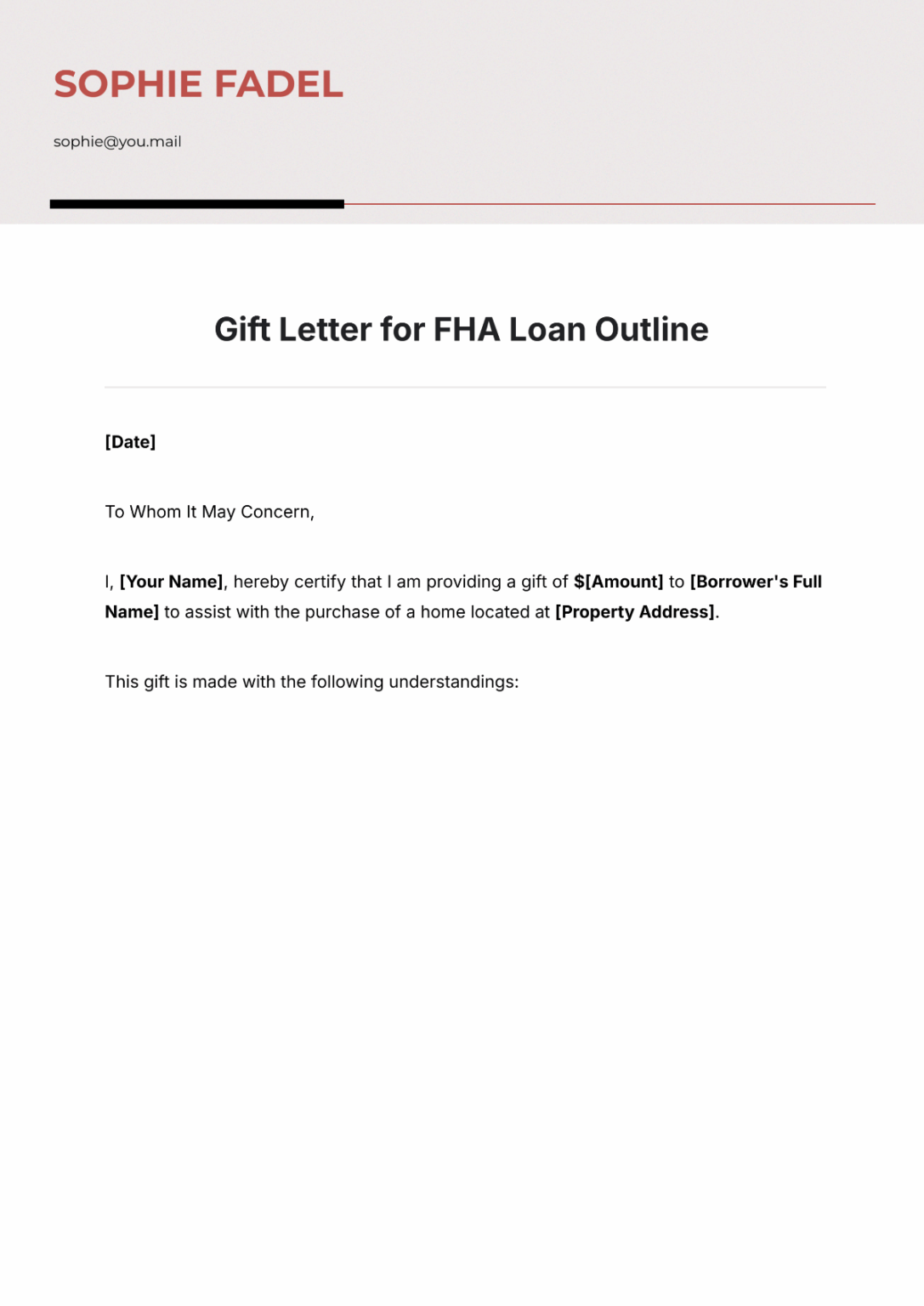 Gift Letter Template for Money (Word)