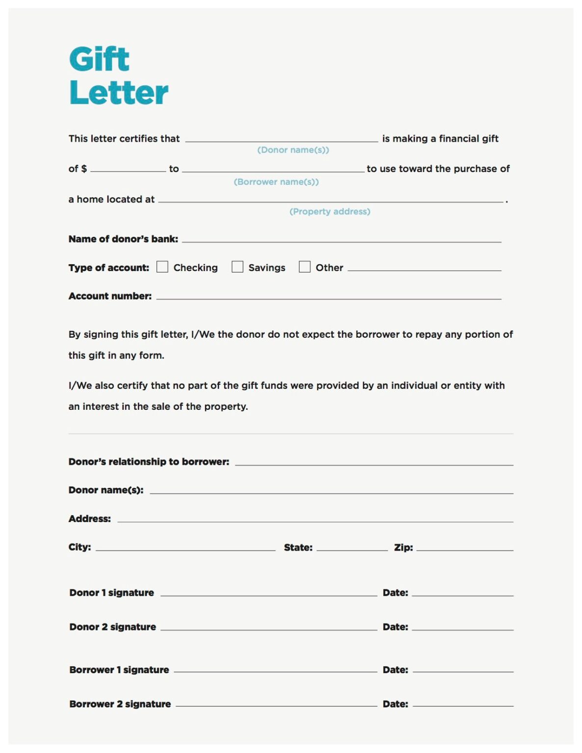 Gift Letter Template for Money (Word)